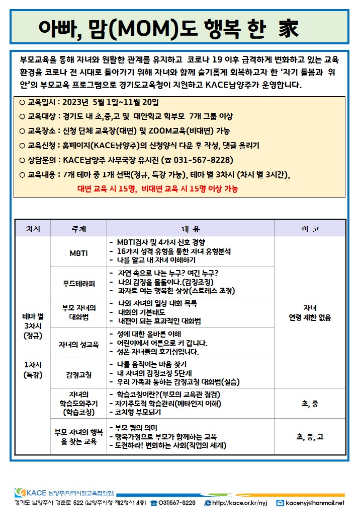 2023 경기도교육청 사단보조금사업부모교육 아빠맘은 행복 한 가 한국지역사회교육협의회 연합kace연합